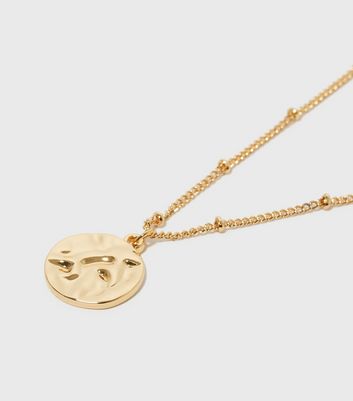 18ct Gold Plated Hammered Circle Pendant Chain Necklace New Look