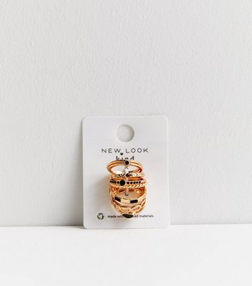 8 Pack Black Mixed Gemstone Rings | New Look