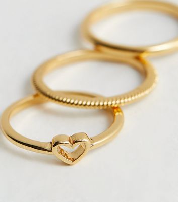 18ct Gold Plated 3 Pack of Heart Stacking Rings | New Look