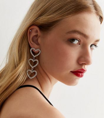 Silver Diamante Triple Heart Drop Earrings