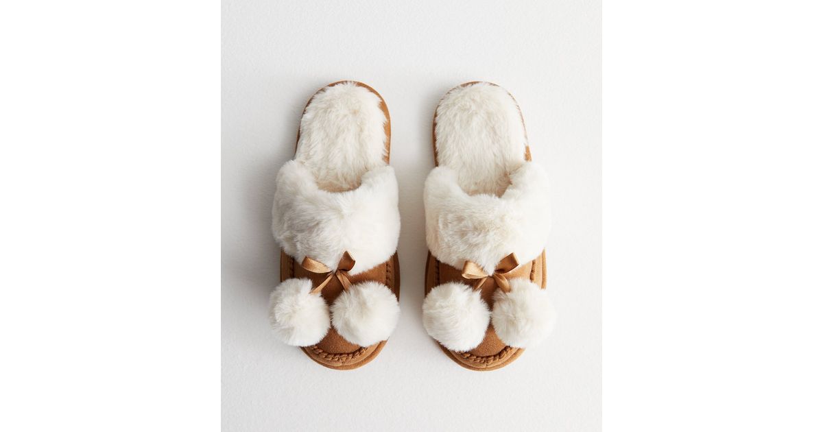 Tan Suedette Faux Fur Pom Pom Slippers | New Look