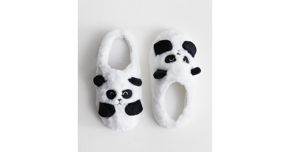 White Faux Fur Panda Slippers | New Look