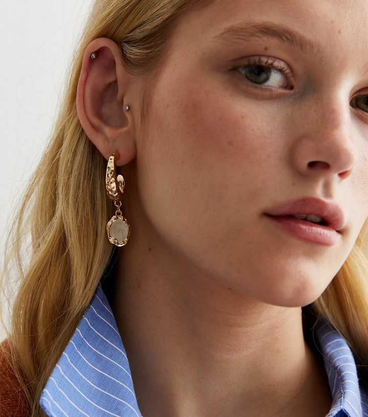 Gold Semi Precious Textured Hoop Earrings | New Look