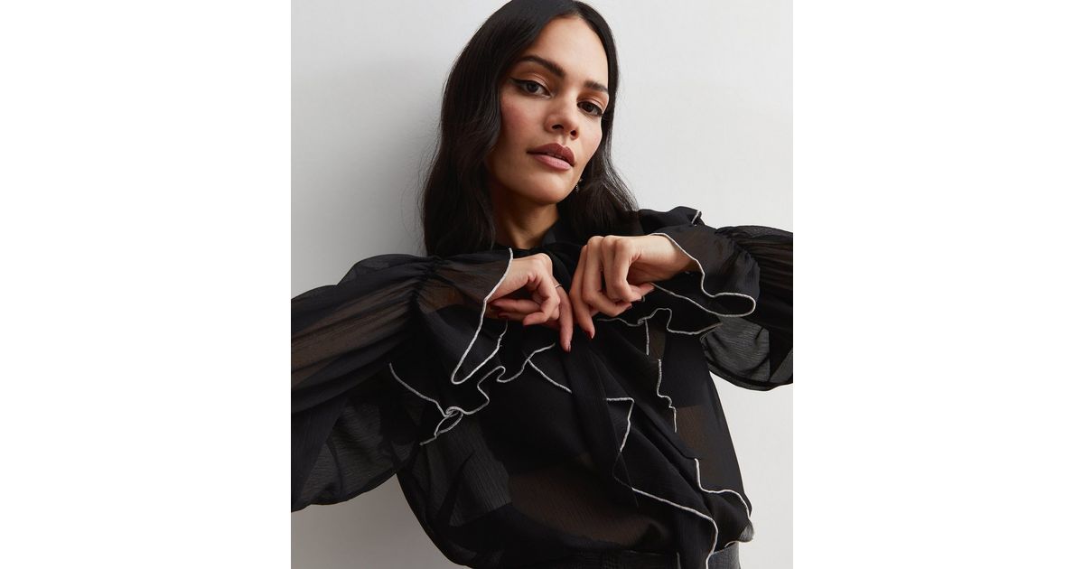 Black Chiffon Ruffle Tie Neck Blouse | New Look