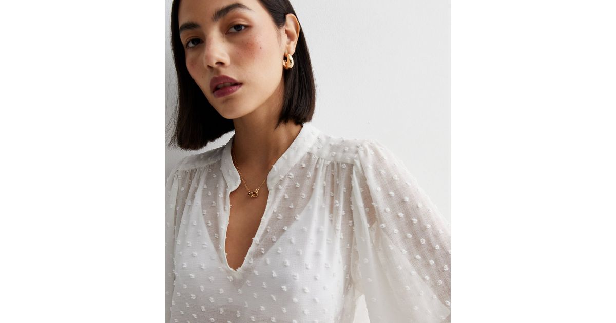 Off White Spot Embroidered Chiffon Puff Sleeve Blouse | New Look