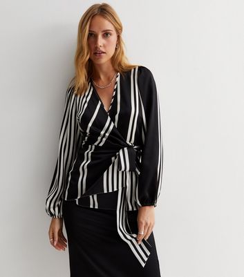 Black Stripe Long Sleeve Wrap Blouse | New Look