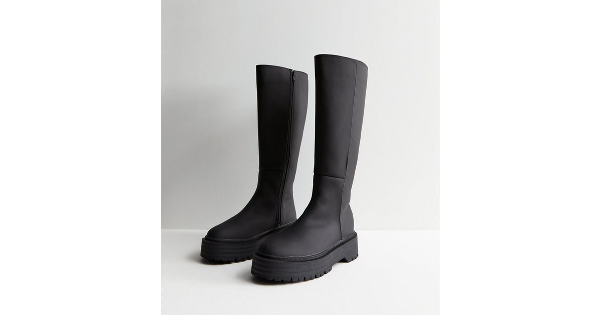 Public Desire Black Leather-Look Chunky Knee High Boots | New Look