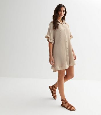 Urban Bliss Stone Plissé Mini Shirt Dress | New Look
