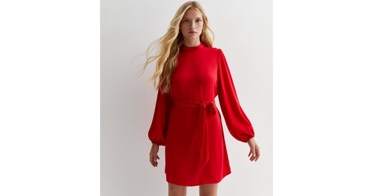 Petite Red High Neck Belted Mini Dress | New Look