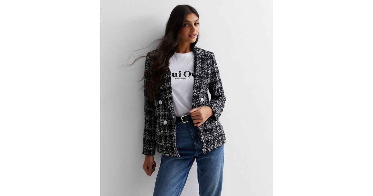 Black Check Bouclé Long Sleeve Blazer | New Look