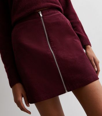 Burgundy Cord Zip Front Mini Skirt | New Look