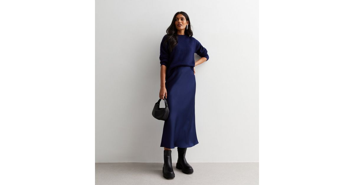 Indigo Shine Satin Bias Cut Midi Skirt | New Look