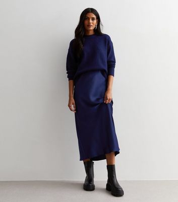 Indigo Shine Satin Bias Cut Midi Skirt | New Look
