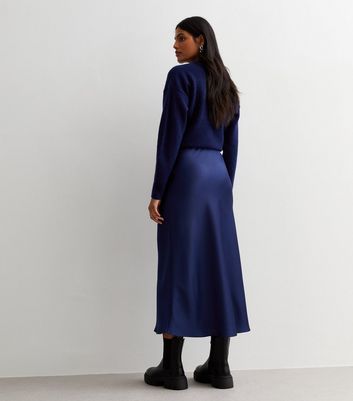 Indigo Shine Satin Bias Cut Midi Skirt | New Look