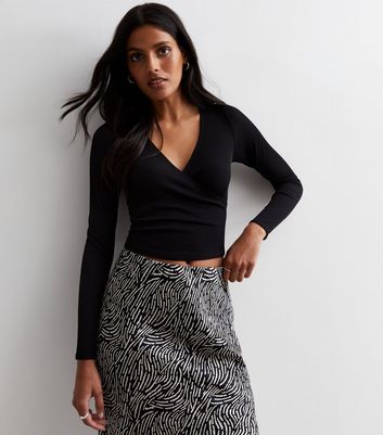 Black Ribbed Wrap Long Sleeve Crop Top | New Look