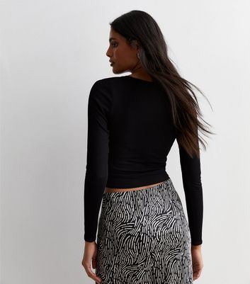 Black Ribbed Wrap Long Sleeve Crop Top | New Look