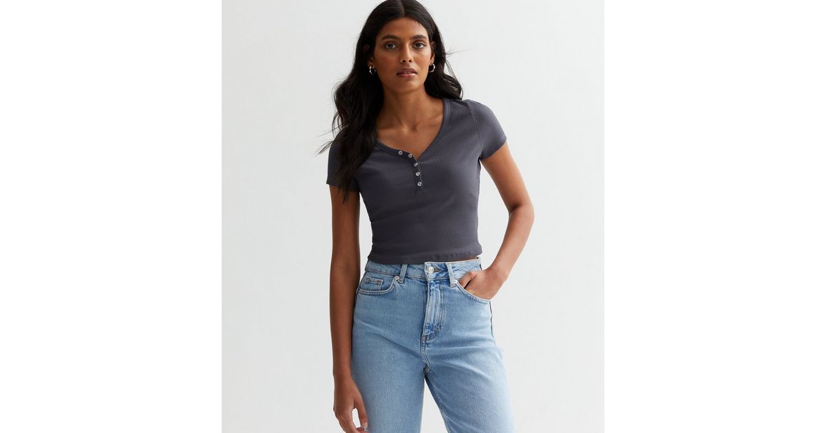 Dark Grey Ribbed Popper Front Crop T-Shirt | New Look