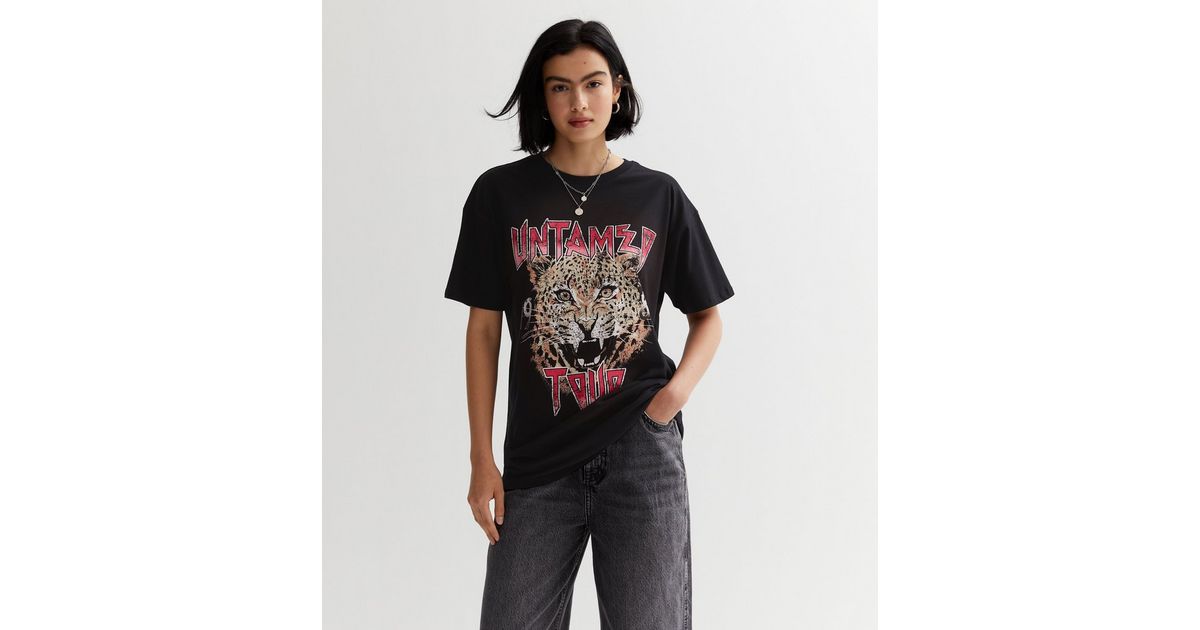 Dark Grey Acid Wash Untamed Tour Logo T-Shirt | New Look