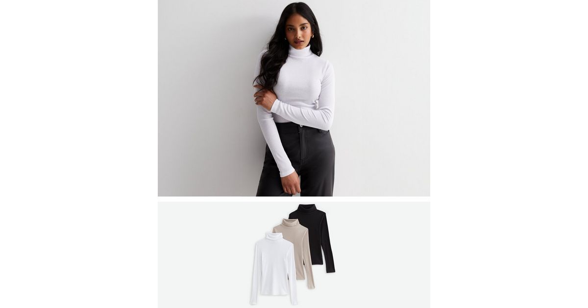 3 Pack Stone White and Black Ribbed Roll Neck Tops | New Look