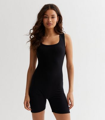 Petite Black Ribbed Unitard | New Look