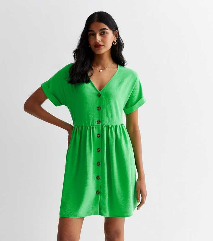 Green Button Front Smock Mini Dress | New Look