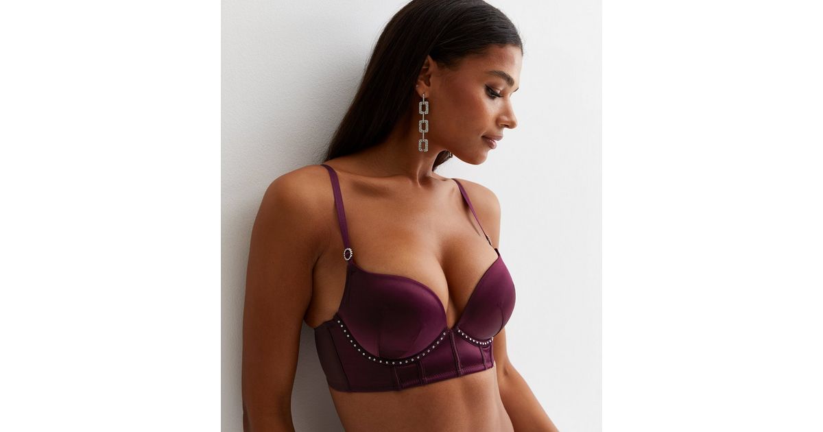Burgundy Satin Diamanté Longline Push Up Bra | New Look