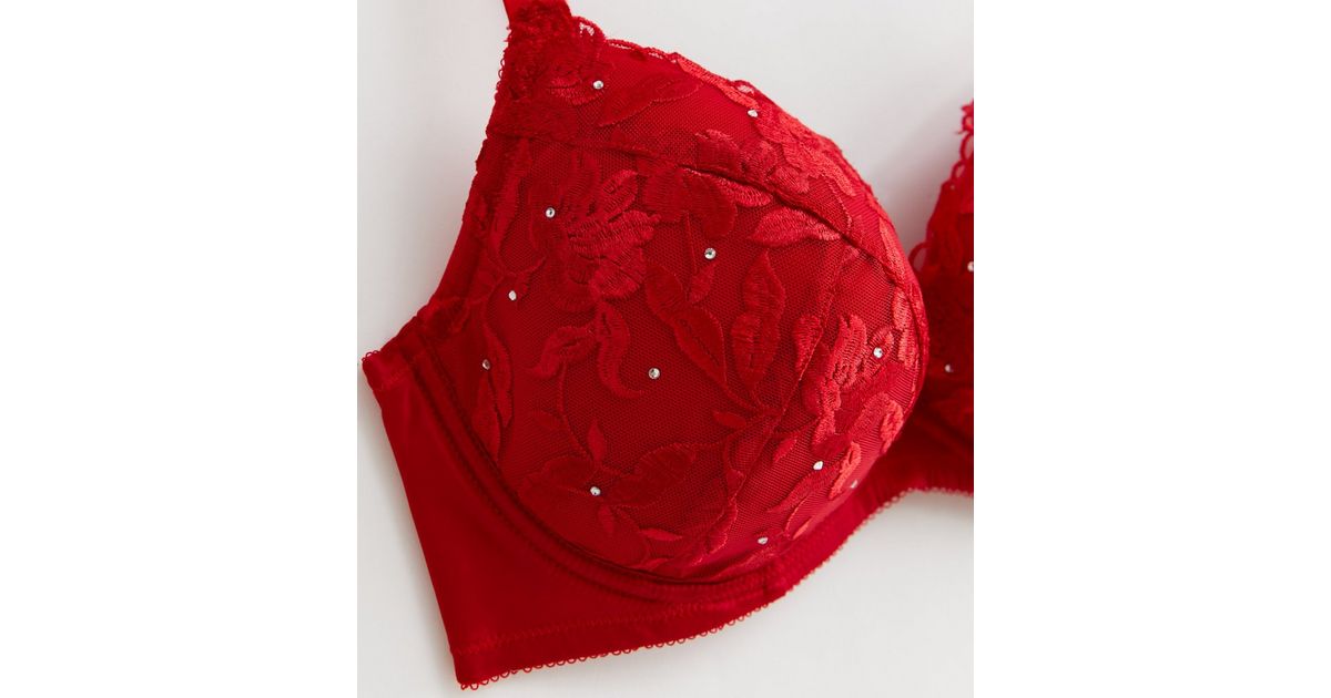 Red Floral Lace Diamanté Plunge Bra New Look