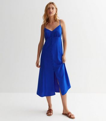 Blue Button Front Strappy Midaxi Slip Dress | New Look