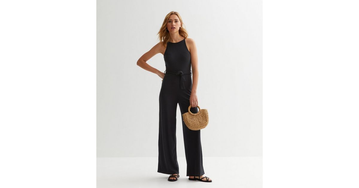 Black Ribbed Jersey Belted Racer Jumpsuit | New Look