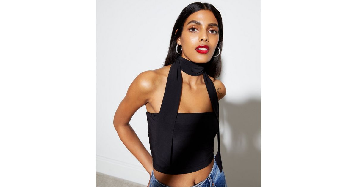 Black Bandeau Neck Tie Crop Top | New Look