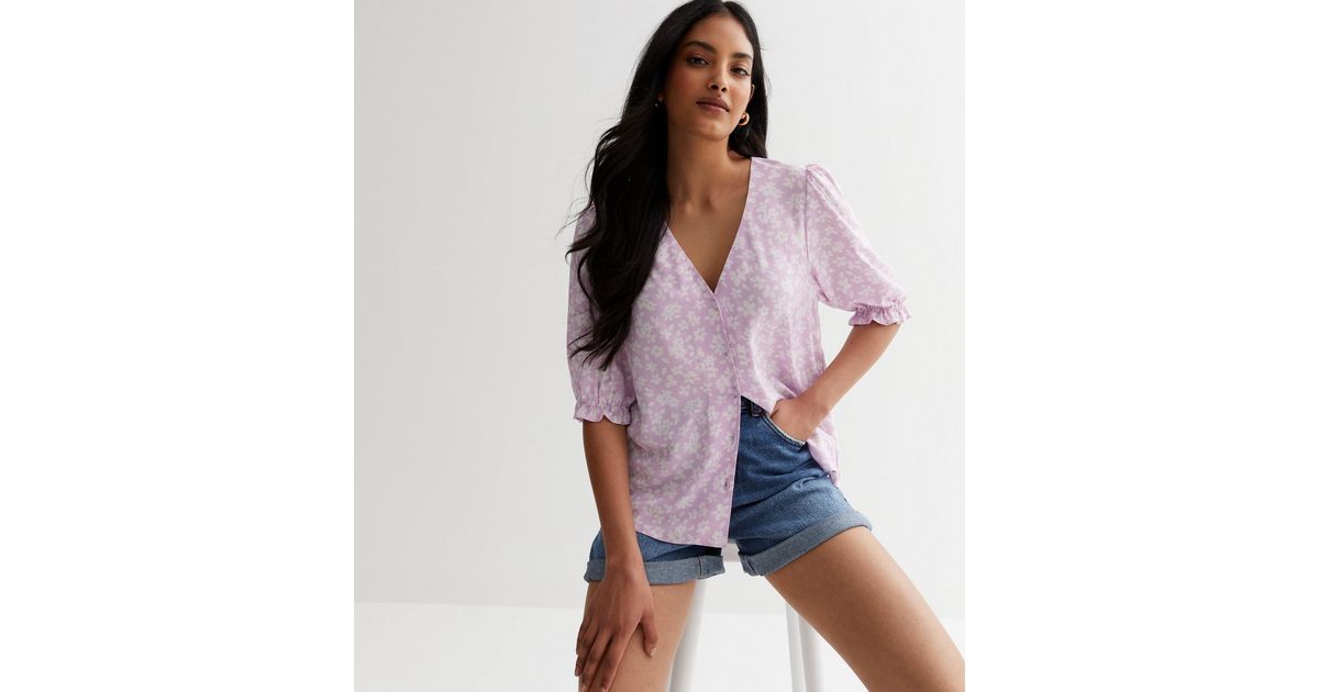 Purple Floral Frill Sleeve Shell Top | New Look