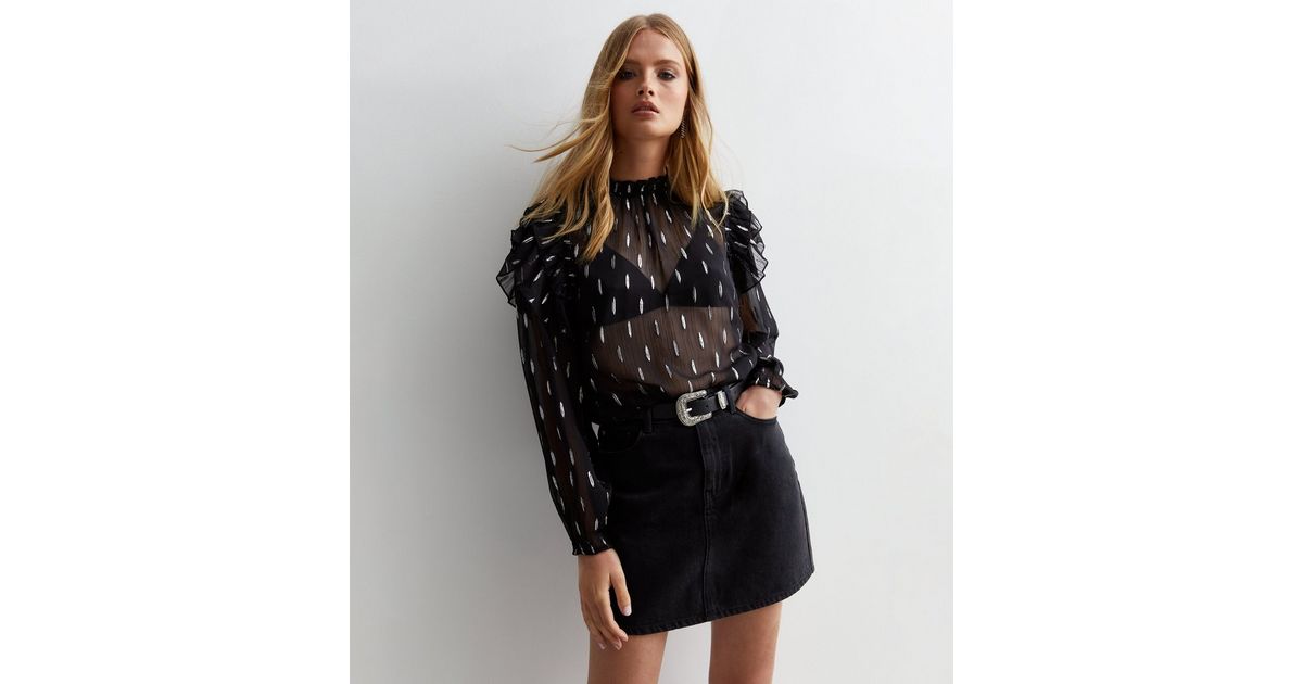 Black Metallic Spot Sheer Frill Blouse | New Look