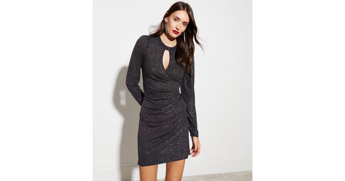 Black Glitter Keyhole Wrap Front Bodycon Mini Dress | New Look