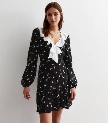 Black Floral Ditsy Print Ruffle Bow Neckline Mini Dress | New Look