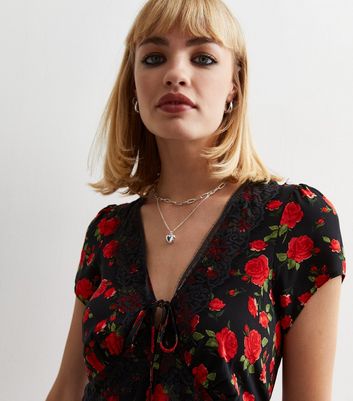 Black Rose Print Lace Trim Midaxi Dress | New Look