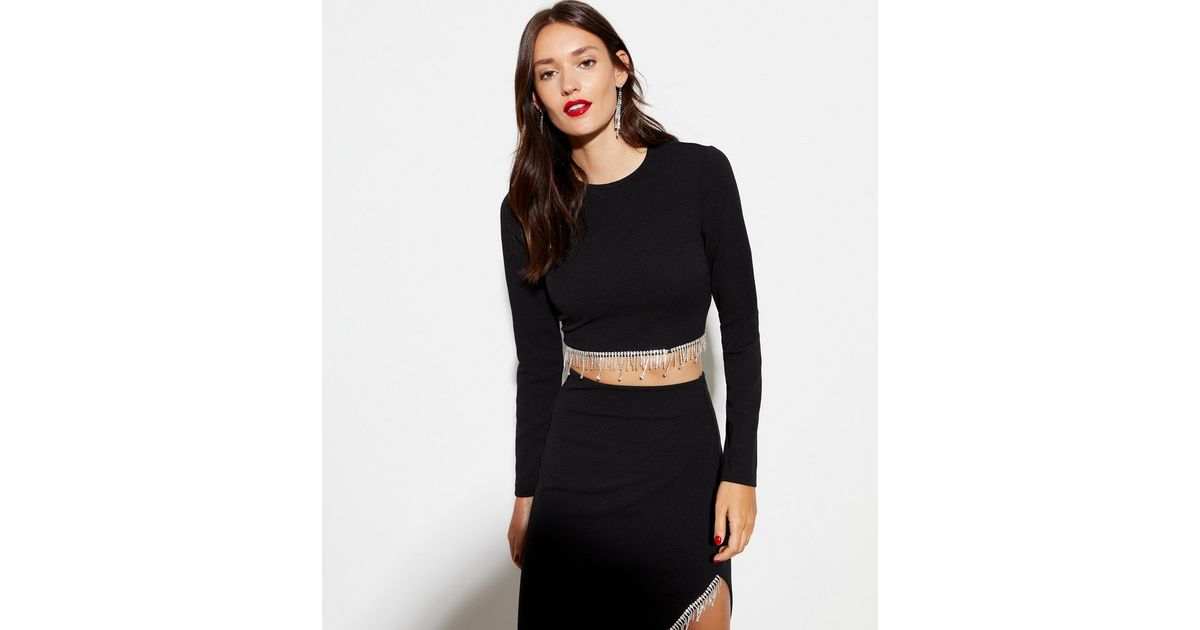 Black Diamanté Hem Long Sleeve Crop Top | New Look