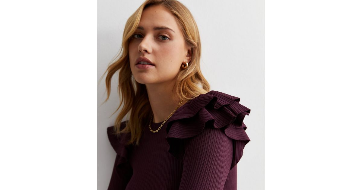 Burgundy Ribbed Frill Sleeve Bodysuit | New Look