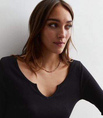 Black Ribbed Notch Long Sleeve Top | New Look