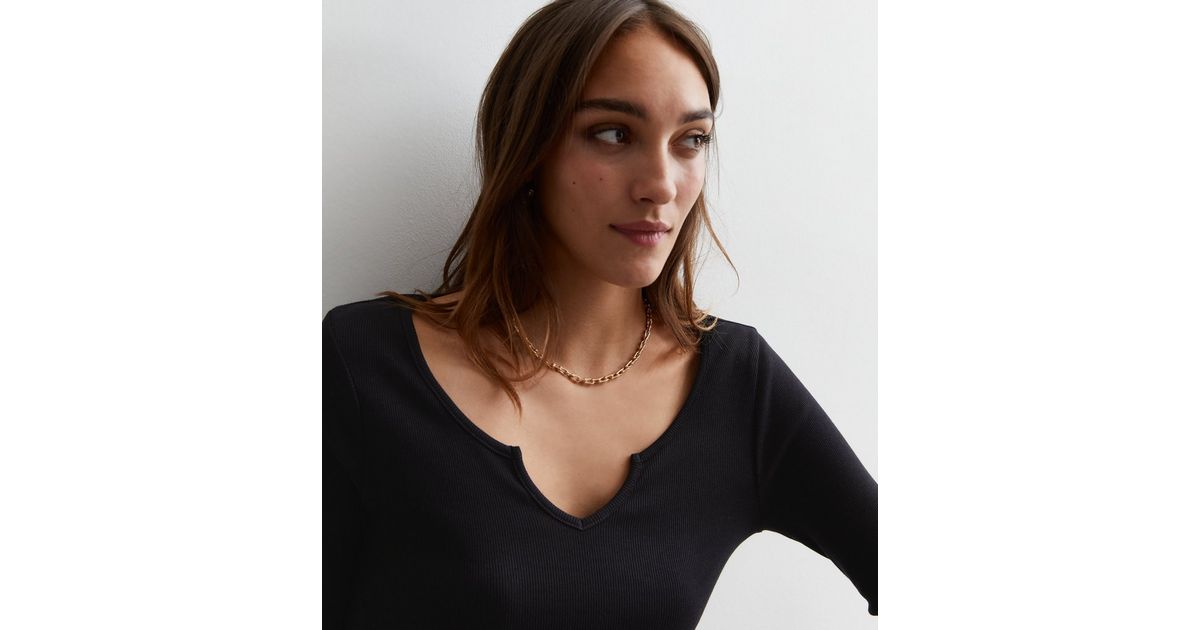 Black Ribbed Notch Long Sleeve Top | New Look
