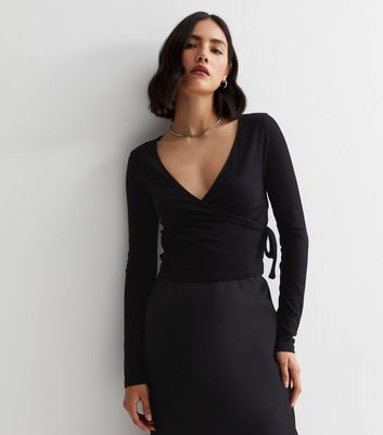 Black Long Sleeve Wrap Top | New Look