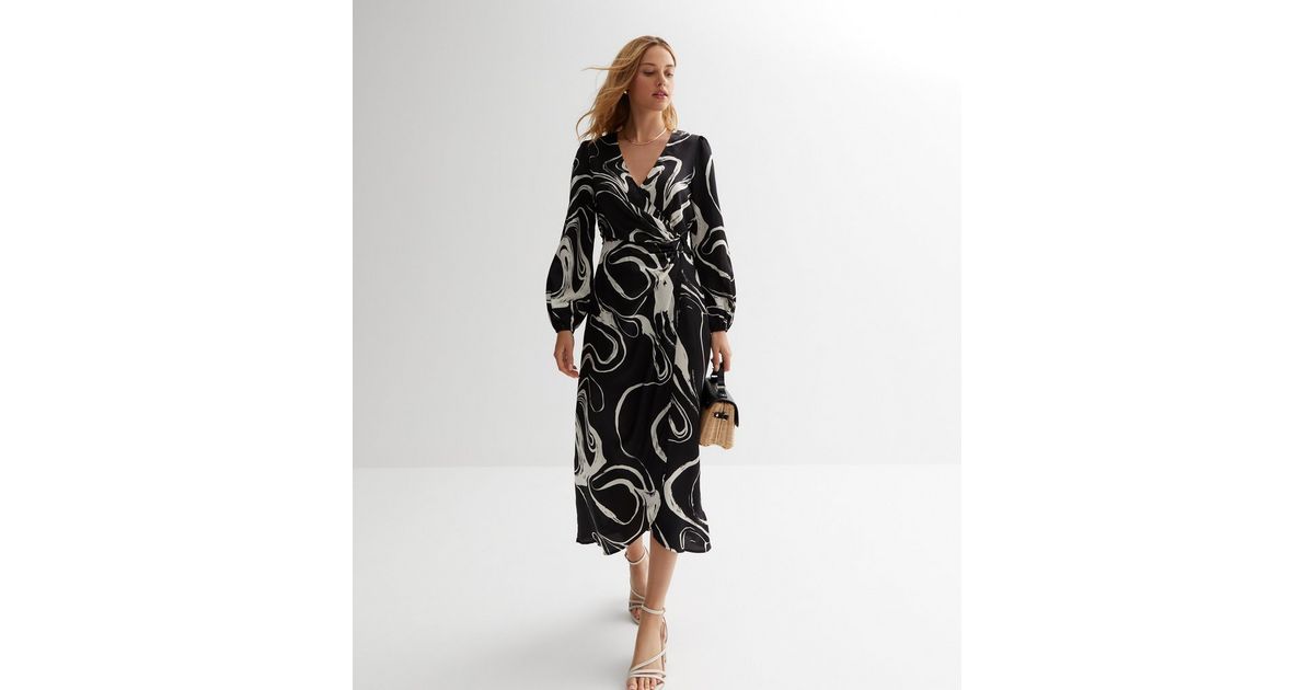 Gini London Black Swirl Wrap Midi Dress | New Look