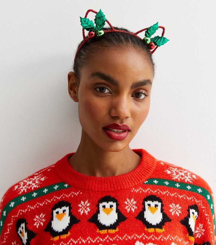 Red Glitter Holly Cat Ear Headband | New Look