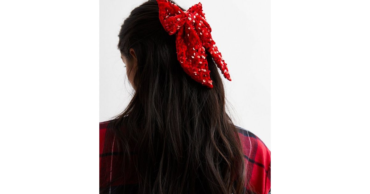 Red Sequin Velvet Bow Hair Slide | New Look