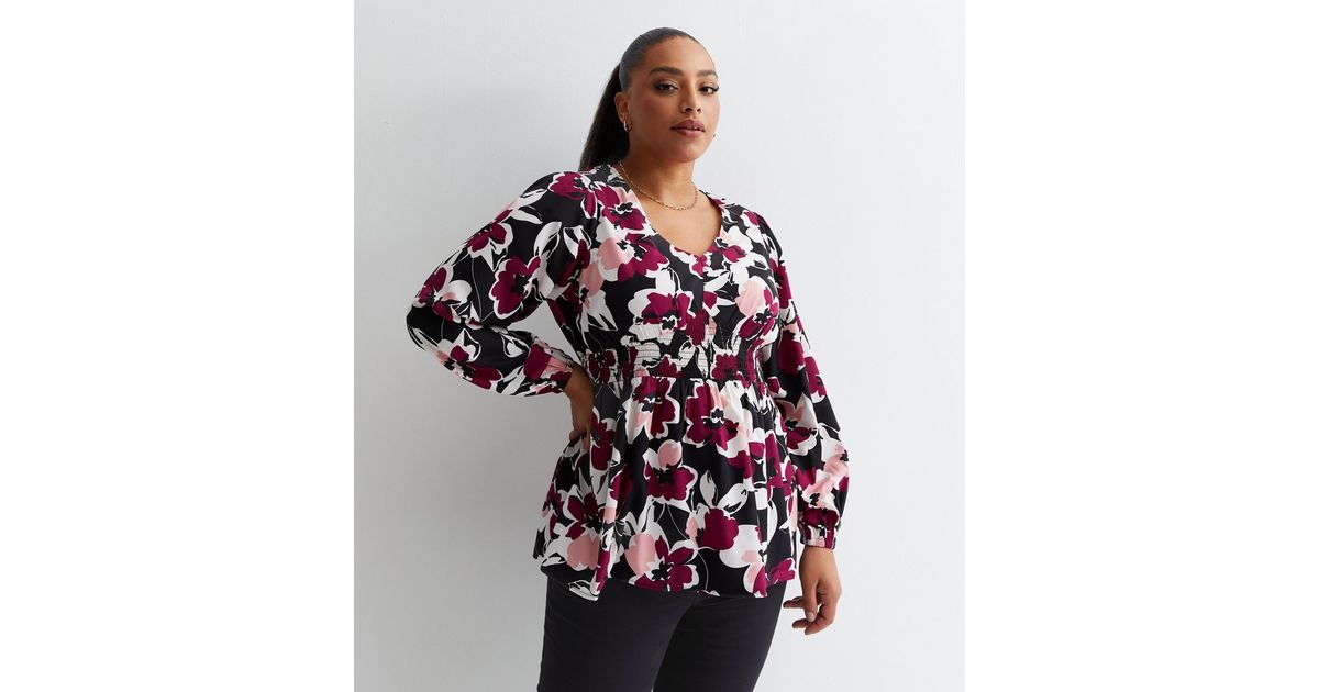 Curves Black Floral Satin Shirred Peplum Blouse | New Look