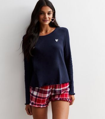Navy Cotton Short Pyjama Set with Check Print | New Look