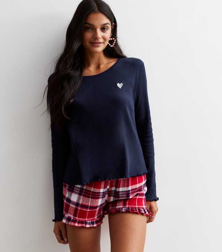 Navy Cotton Short Pyjama Set with Check Print | New Look