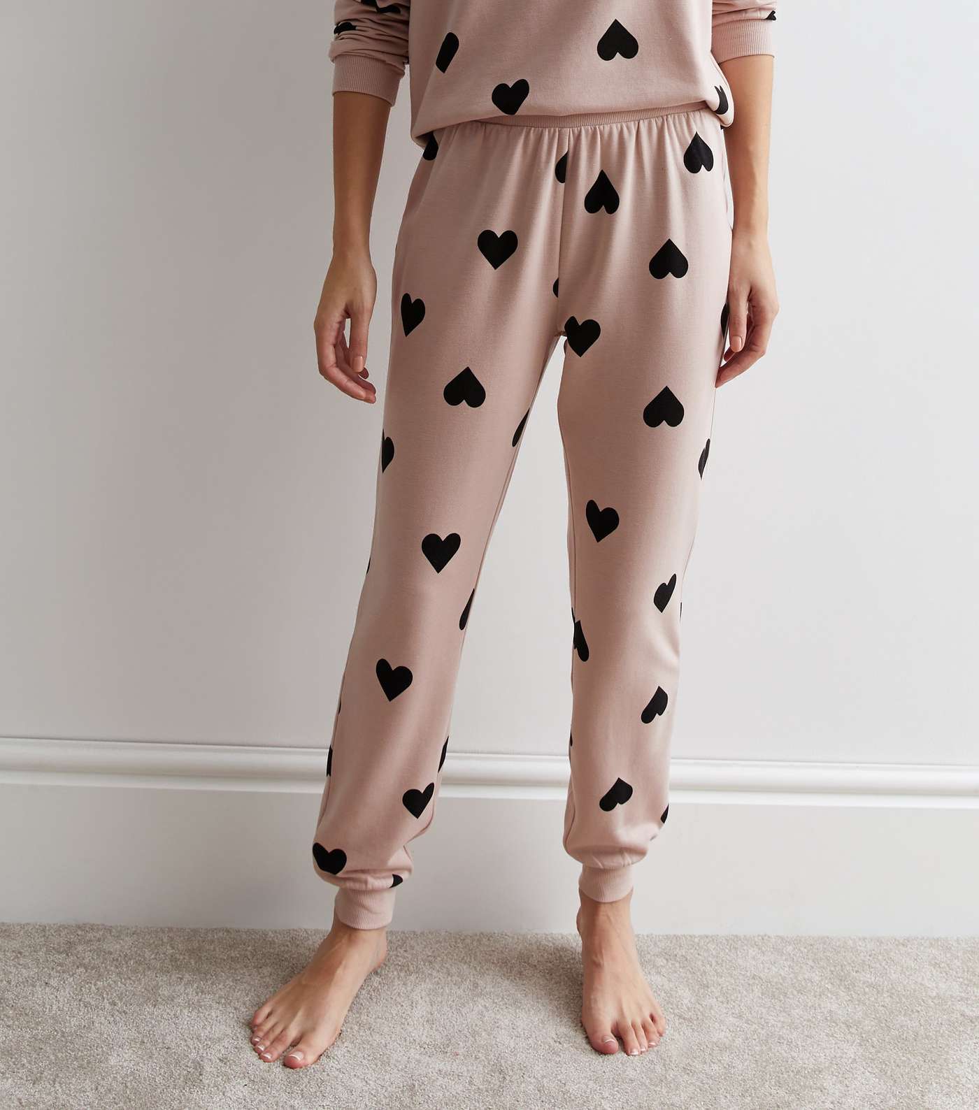 Camel Pyjama Cuffed Joggers With Heart Print New Look