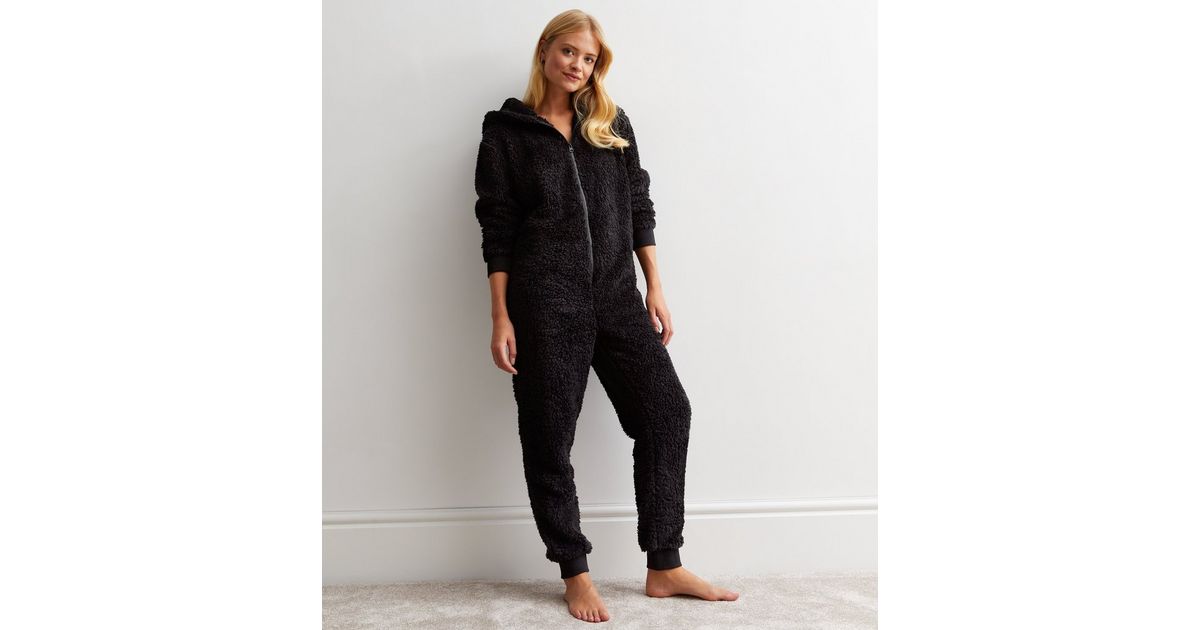 Black Teddy Zip Up Hooded Onesie | New Look