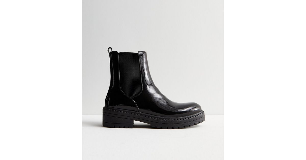 Black Patent Chunky Chelsea Boots | New Look