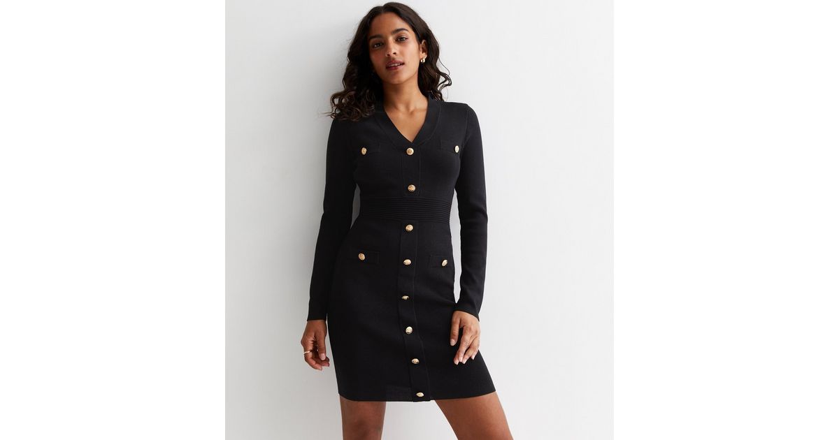 Petite Black Ribbed Knit Button Front Mini Dress | New Look